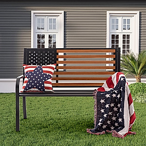 Attliahome 50" Outdoor Garden Bench, Cast Iron Metal Frame Patio and Porch Welcome Benches with American Flag Backrest and Weatherproof Seat, Park Decorative Memorial Bench (Black & Woodgrain Colors)