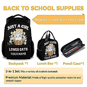 FUZZYFIT Personalized Cat Backpack with Lunch Box Set for Kids, 3 in 1 School Backpacks Matching Combo, Cute Black Bookbag and Pencil Case Bundle