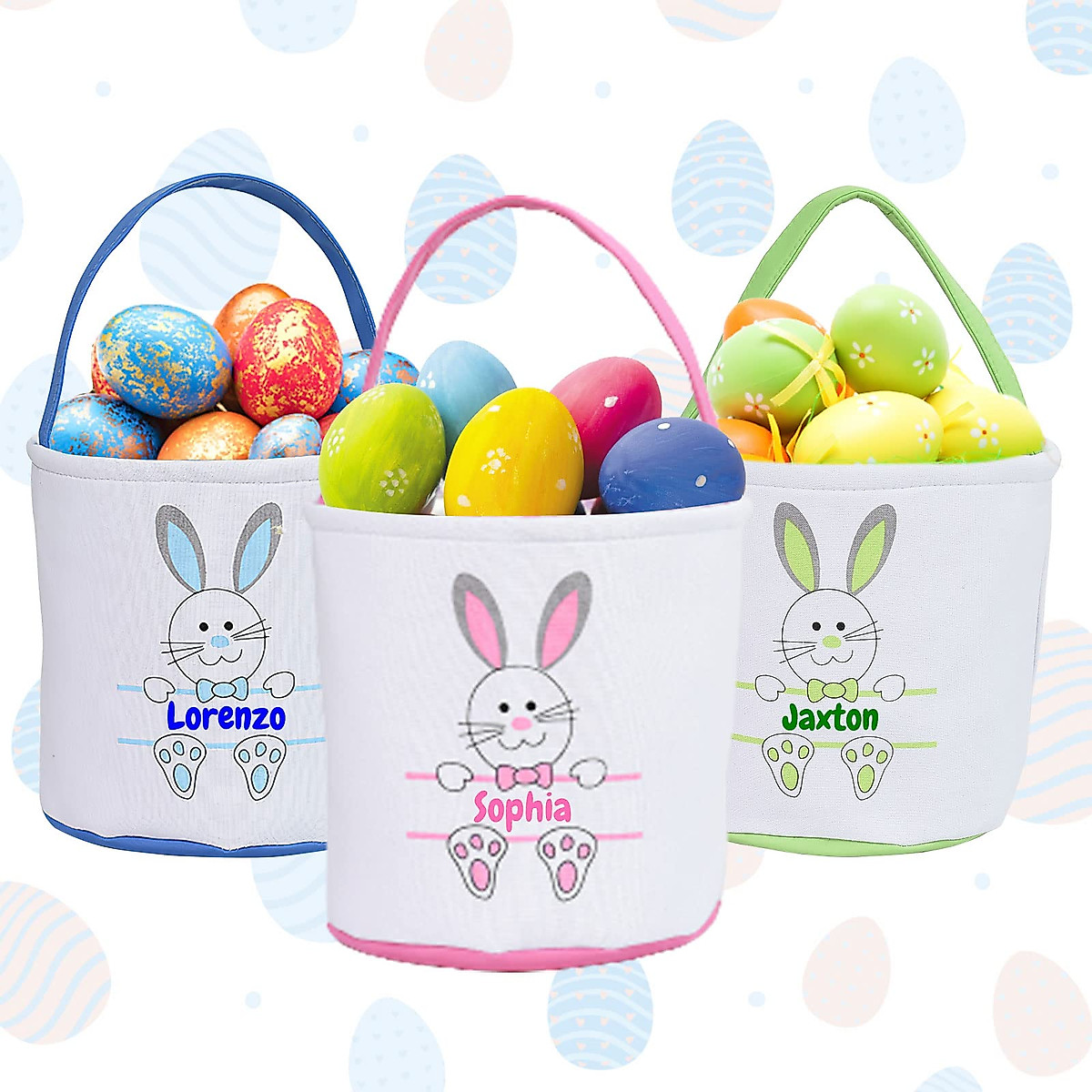 Molikyla Personalized Easter Basket Custom with Name for Boys Girls Kids Customized Easter Gifts Canvas Cotton Buckets, Blue, one size