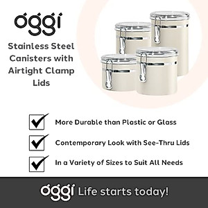 Oggi Stainless Steel Kitchen Canister 47 fl oz, Gray - Airtight Clamp Lid, Clear See-Thru Top - Ideal for Kitchen Storage, Food Storage, Pantry Storage. Large Size 5" x 6".