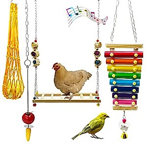 PINVNBY Chicken Toys Set Hens Xylophone Toy with 8 Metal Keys Chook Suspensible Wooden Swing Ladder Chick Veggies Skewer Fruit Holder Hanging Feeder for Chicken Coop Accessories Supplies (Suit 2)