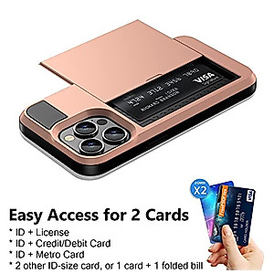 Vofolen for iPhone 14 Pro Case Wallet Credit Card Holder ID Slot Sliding Door Hidden Pocket Men Women Anti-Scratch Dual Layer Hybrid Bumper Armor Protective Shell Back Cover 6.1 inch Rose Gold