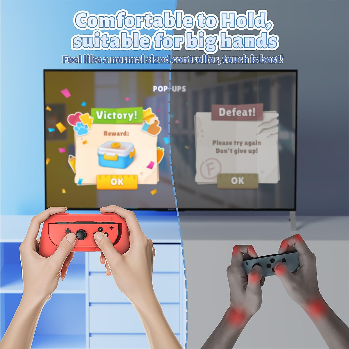 FastSnail Grips Compatible with Nintendo Switch Joy-Con, Wear-Resistant Handle Kit Compatible with Switch Joy Cons Controllers, 2 Pack (Blue and Red)