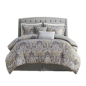 Harbor House Cozy Cotton Comforter Set - Classic Modern Design, All Season Down Alternative Casual Bedding, Matching Shams, Hallie, Damask Grey King(110"x96") 6 Piece