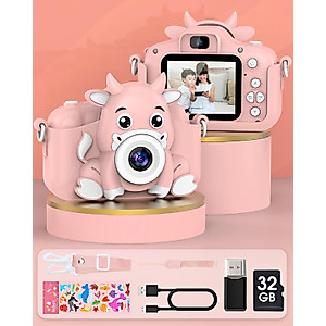 GREENKINDER Kids Camera, Toddler Digital Camera for Ages 3-12 Year Old Girls Boys Childrens, Christmas Birthday Toys Gifts, Selfie Camcorder HD 1080P Video 32GB Calf Pink