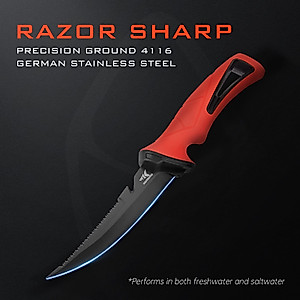 KastKing Intimidator Bait Knife with Sharpening Steel, Ultra-Sharp G4116 German Stainless-Steel Blades, Non-Slip Handle, Protective Sheath, 5'' Bait Knife and Honing Rod