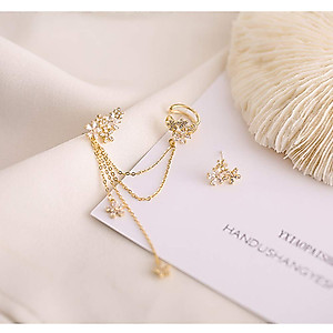 Blossom CZ Flower Ear Cuff Wrap Clip On Clawler Climber Hoop 925 Sterling Silver Stud Chain Threader Tassel Asymmetric Earrings for Women Girls Sensitive Ear Elegant Gifts for Wedding Bff (gold)