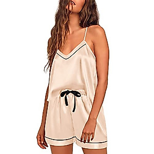 SWOMOG Silk Cami Pajamas Set Women Satin Pjs Camisole Loungewear Soft Lingerie Set Champagne