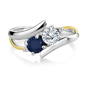 Gem Stone King 925 Silver and 10K Yellow Gold White Moissanite and Blue Sapphire and White Moissanite 2-Stone Crossover Ring For Women (1.12 Cttw, Size 7)