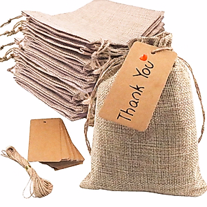 Gbateri 50 Pack Linen Burlap Bags with Drawstring Gift Bags 5x7 inch, Jute Bags, Small Hessian Bags, Jewelry Pouches Party Favor Bags Treat Bags with Strings, Tags for Christmas Wedding Birthday