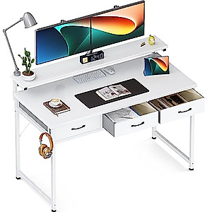 ODK 48 Inch Computer Desk with 3 Drawer and Large Storage Shelves, Home Office Desk with Monitor Shelf, Modern Work Writing Study Desk, White