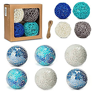 DomeStar 4 Inches Blue Cerulean White and Grey Wicker Rattan Balls Orbs and 6PCS 2.4 Inches Mosaic Glass Orbs