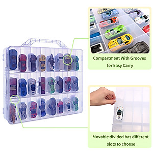 KISLANE Double Sided Toy Car Storage Case for 48 Toy Cars, Matchbox Cars, Mini Toys, Small Dolls, Portable Transparent Storage Case for Toy Cars, Matchbox Cars with 48 Compartments, Case Only