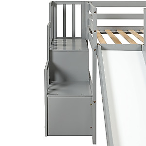 Harper & Bright Designs Twin Loft Bed with Slide and Stairs, Solid Wood Kids Loft Bed with Full-Length Safety Guardrails, for Girls Boys – Gray