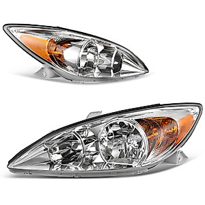 AUTOSAVER88 Headlight Assembly Compatible with 2002 2003 2004 Camry (Only Fits LE/XLE) Chrome Housing Amber Reflector Clear Lens