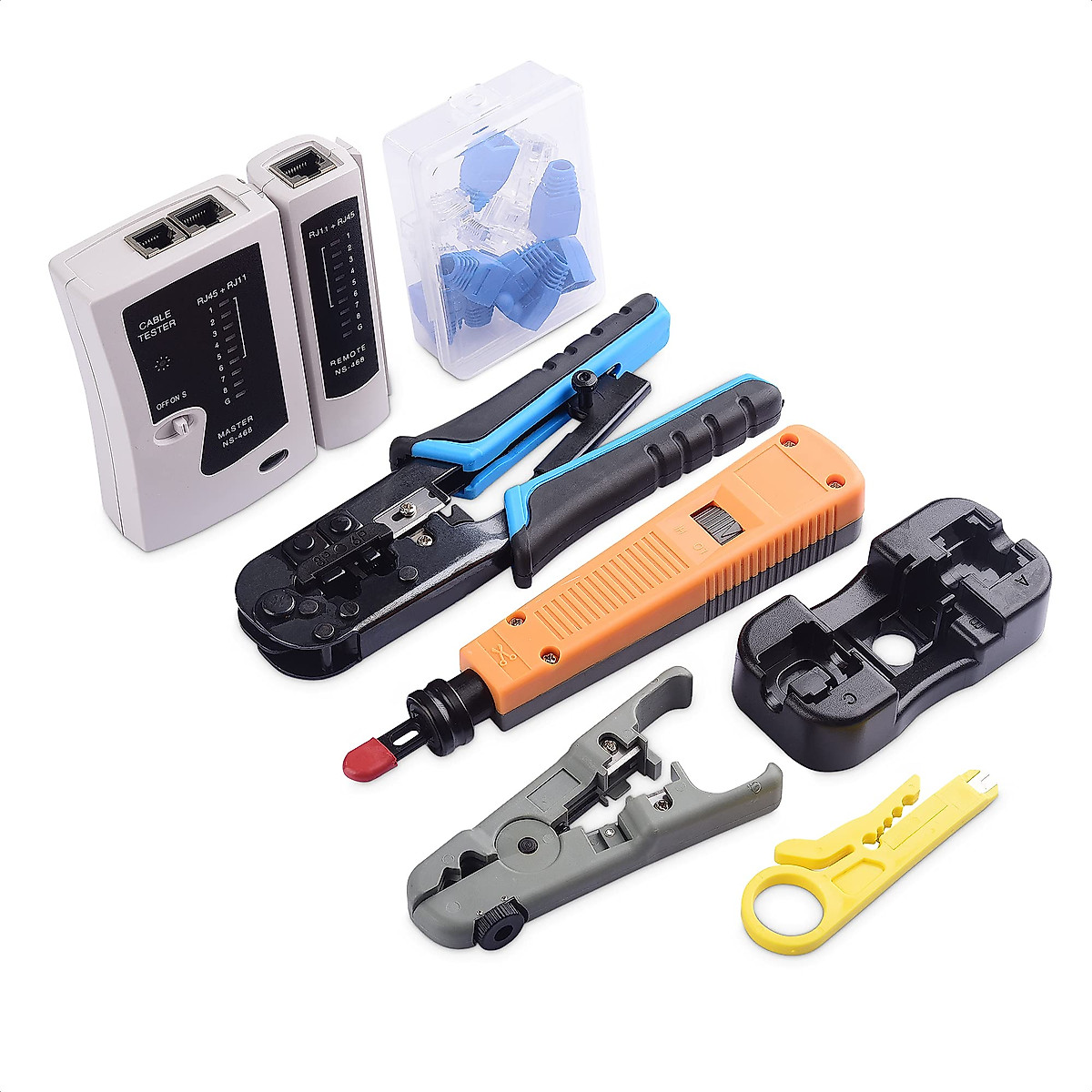 Cable Matters 7-in-1 Network Tool Kit with RJ45 Ethernet Crimping Tool, Punch Down Tool, Punch Down Stand, Cable Tester, RJ45 Connectors, RJ45 Boots, and Wire Strippers - Carrying Case Included