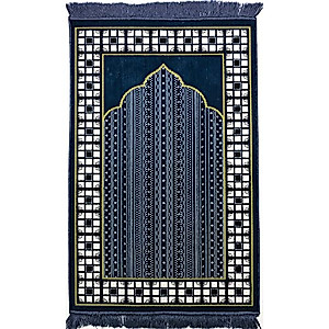 Modefa Turkish Islamic Prayer Rug - Thin & Lightweight Velvet Praying Carpet - Soft Muslim Praying Mat Janamaz - Ramadan or Eid Gift for Men & Women - with Car Hanger - Vined Arch (Blue)