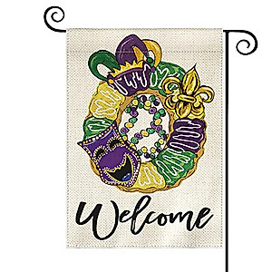 AVOIN colorlife Mardi Gras Donut Garden Flag 12x18 Inch Double Sided, Mask Fleur de Lis Welcome New Orleans Carnival Yard Outdoor Decoration