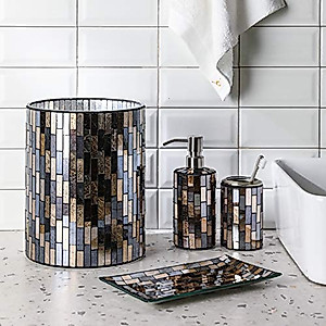 WHOLE HOUSEWARES | Bathroom Wastebasket | Mosaic Glass Decoration | Bathroom Trash Can | Bathroom Accessory | Shiny Glass Garbage Can | 7.5" x 10" (Black/Gold)