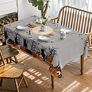 Horaldaily Halloween Tablecloth 60×84 Inch Rectangular, Buffalo Plaid Pumpkin Moon Cat Washable Table Cover for Party Picnic Dinner Decor