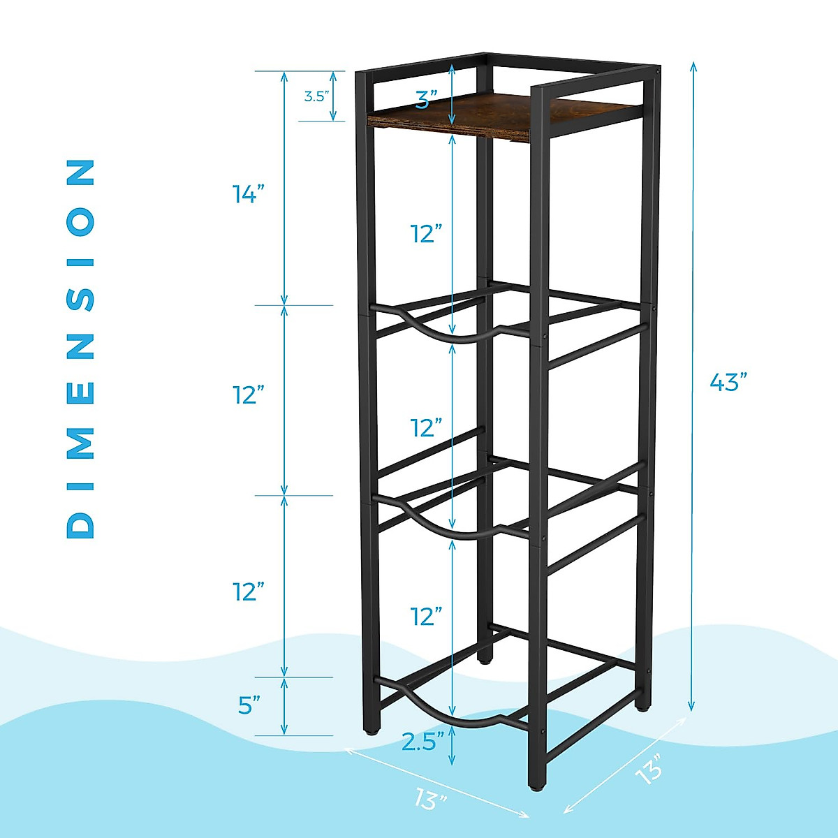 5 Gallon Water Jug Holder with Top Shelves, 4-Tier Water Jug Holder, Water Cooler Jug Rack, Water Jug Dispenser Stand Water Holder Stand Organizer for Home (4-Tier with Shelf Rustic Brown)