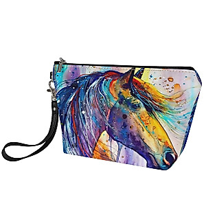 PIHNSDUA Watercolor Horse Cosmetic Bag Small Makeup Pouche PU Leather Zip Makeup Bags with Wrist Strap for Women Gifts