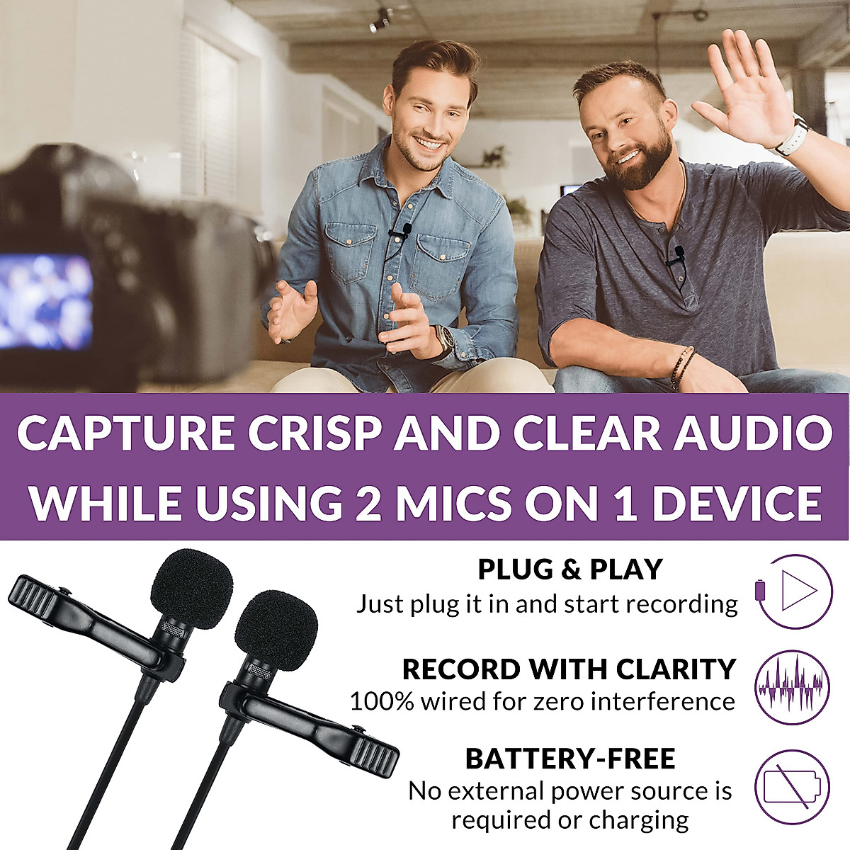 Purple Panda Dual Interview Lavalier Lapel Microphone Kit (2 Pack) for Podcast - Professional Omnidirectional Clip On Lav Mic - Compatible with iPhone, Android, DSLR Camera, Samsung, Zoom, Tascam