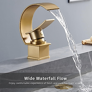 MONDAWE Faucet for Bathroom Sink, Waterfall Single Handle Vanity Faucet for Sink 1 Hole in Brushed Gold