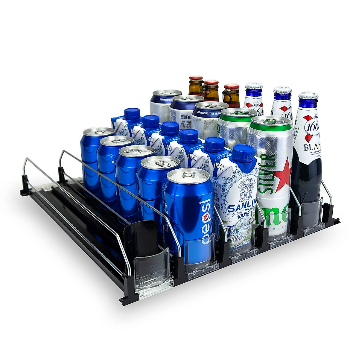 Drink Organizer for Fridge, Self-Pushing Soda Can Dispenser for Refrigerator,Width Ajustable,Beer Pop Can Water Bottle Storage for Pantry, Kitchen(Black, 5 Row)