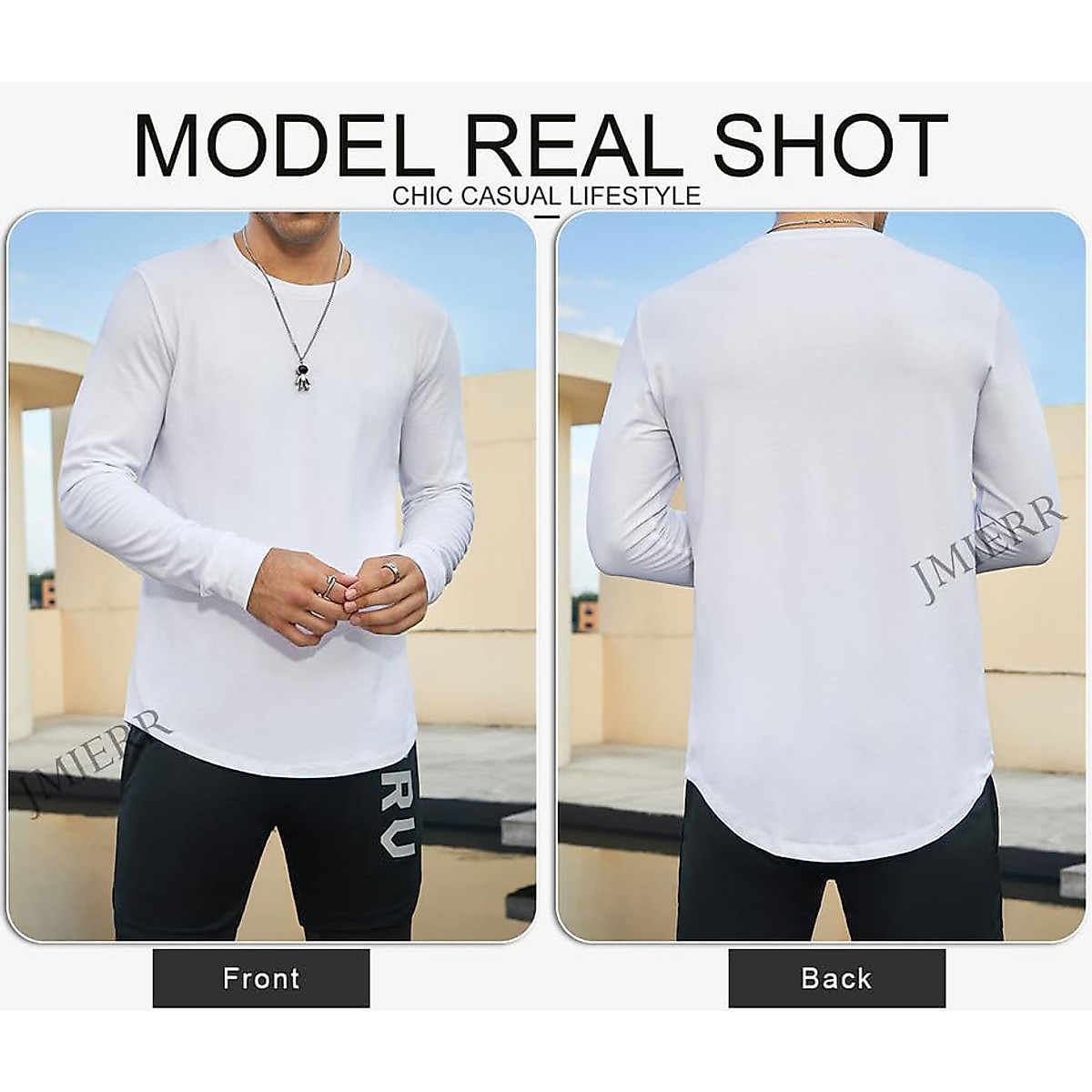 JMIERR Men's 3 Pack Cotton Hipster Hip Hop Longline Crewneck Long Sleeve T-Shirt, T Shirts for men Pack, US 40(M), Black/White/Light Pink