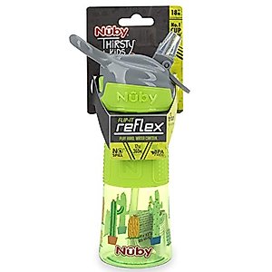 Nuby Thirsty Kids Push Button Flip-it Soft Spout on The Go Water Bottle with Easy Grip Band, Green Cactus, 12 Ounce