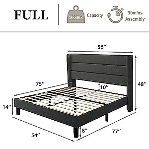 iPormis Full Size Bed Frame with Wingback, Modern Upholstered Platform Bed with 8'' Under-Bed Storage, Fabric Headboard, Wood Slats Support, No Box Spring Needed, Noise-Free, Easy Assembly, Dark Gray