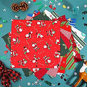 40 Pieces Christmas Fabric Quilting Fabric Squares Fat Quarters Precut Sewing Fabric Patchwork Christmas Tree Snowflake Printed Fabric Scraps for Dress Apron Crafts, 10 x 10 Inch/ 25 x 25 cm