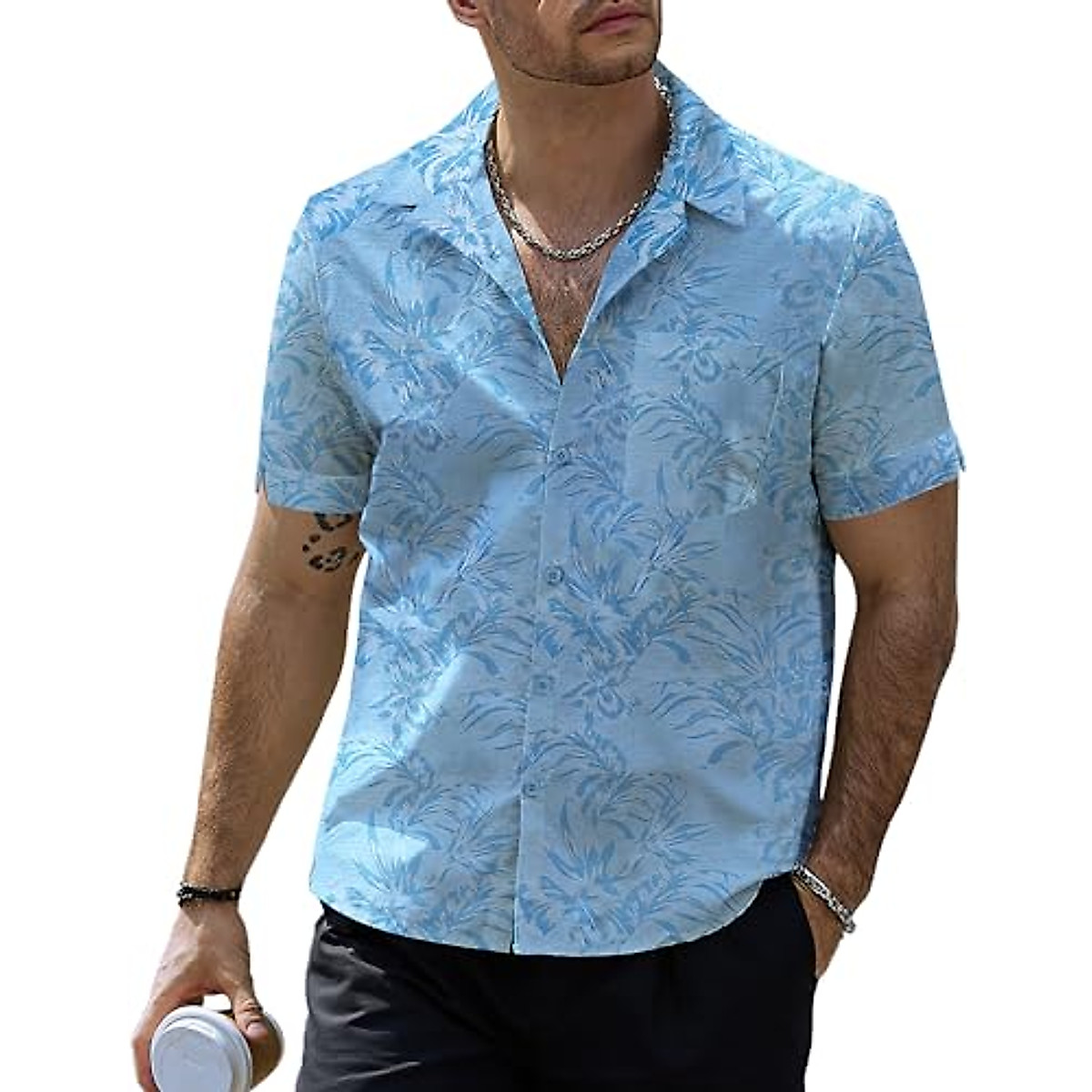 VATPAVE Mens Hawaiian Floral Jacquard Shirt - Casual Button Down Short Sleeve Summer Shirt With Pocket - X-Large Light Blue Silk