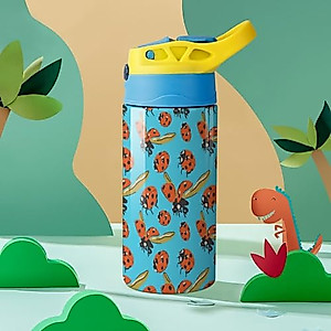 Kids Water Bottle with Straw Lid Hand-drawn Cartoon Ladybugs Print 12 Oz/350 Ml Stainless Steel Reusable Thermos Bottles