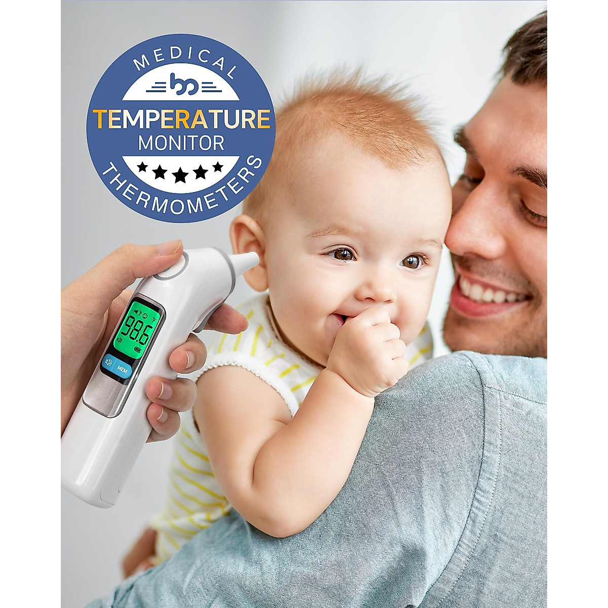 Femometer Family Ear Thermometer, Highly Accurate Ear Thermometer for Kids, Adults and Babies, 30 Memory Recall, 1s Result and 3-Color Fever Alert, with 24 Disposable Probe Covers, White