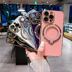 MGQILING Compatible with iPhone 14 Pro Max Magnetic Planting Case 6.7 Inch, Luxury 360 Rotating Magnetic Hidden Stand Case, Compatible with MagSafe for Women Girls,Pink