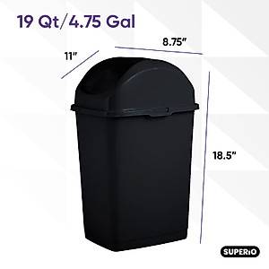 Superio Medium Trash Can with Lid 4.5 Gallon Plastic Swing Top Garbage Can Slim Waste Bin for Under Sink/Cabinet, Laundry Room, Kitchen, Office, Bedroom, Bathroom, College Dorm, 18 Qt, Black
