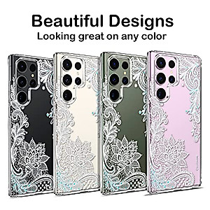 Coolwee Clear Glitter for Galaxy S23 Ultra - 6.8 inch, Thin Flower Slim Cute Crystal Lace Bling Women Girl Floral Hard Back Soft TPU Bumper Protective Cover for Samsung S23 Ultra Mandala Henna