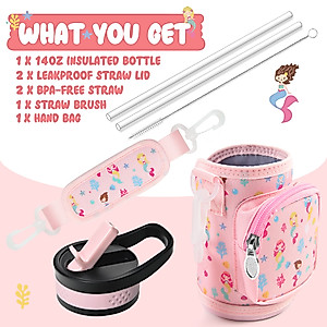 AEXPF Insulated Kids Water Bottle with Sleeve, 14 oz Double Wall Vacuum Stainless Steel Leakproof Thermos Water Bottle, Unicorn Pattern and Mermaid Pattern