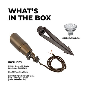 Super Bright LEDs Solid Brass Landscape Spotlight, LED-Ready, Low Voltage 12V AC/DC Up Lighting, Waterproof Garden Fixture, Adjustable Glare Guard, Ground Spike (Warm White MR16 Bulb Included)