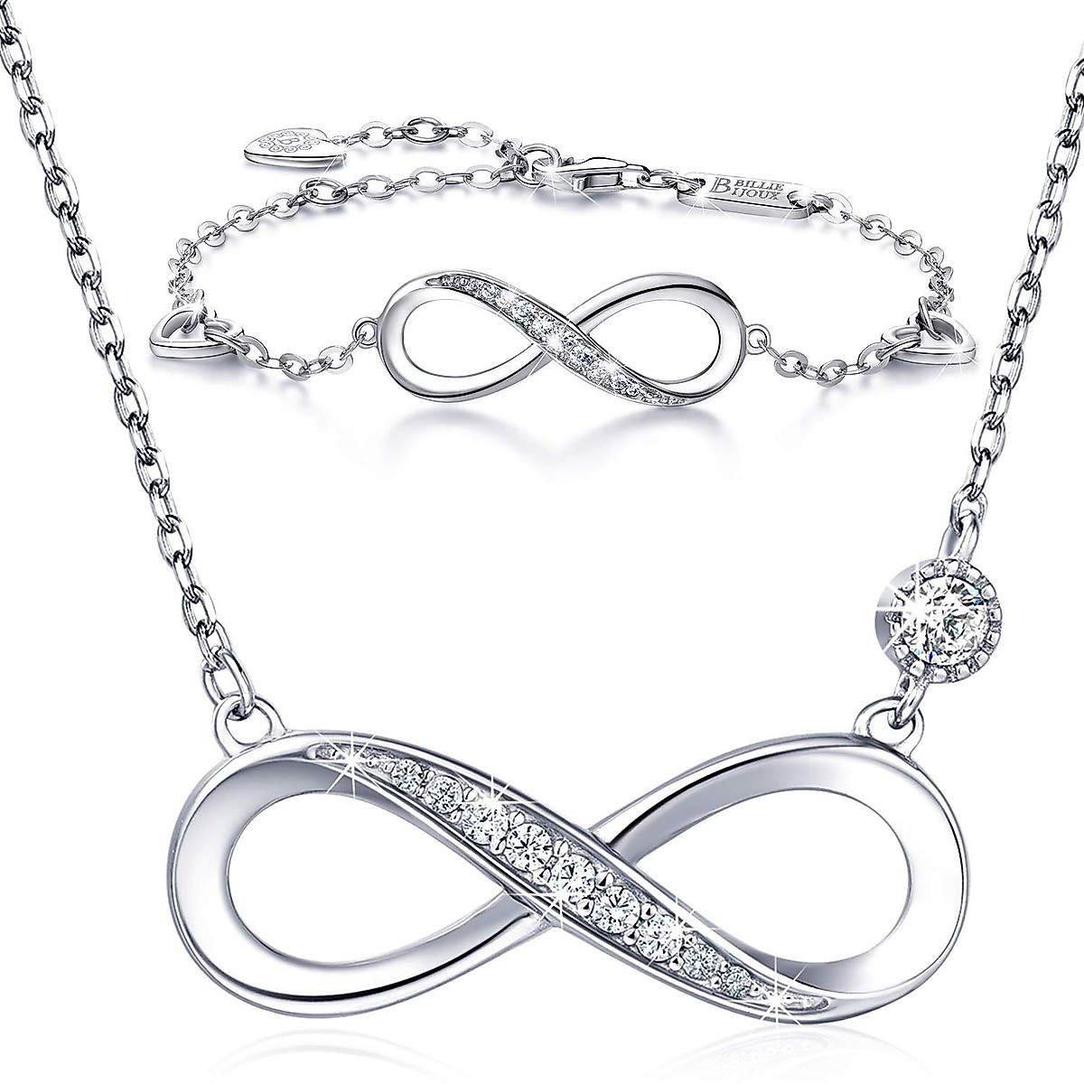 Billie Bijoux 925 Sterling Silver Necklace Bracelet One Sets Forever Love” Infinity Heart Love Jewelry Sets White Gold Plated Diamond Women Necklace