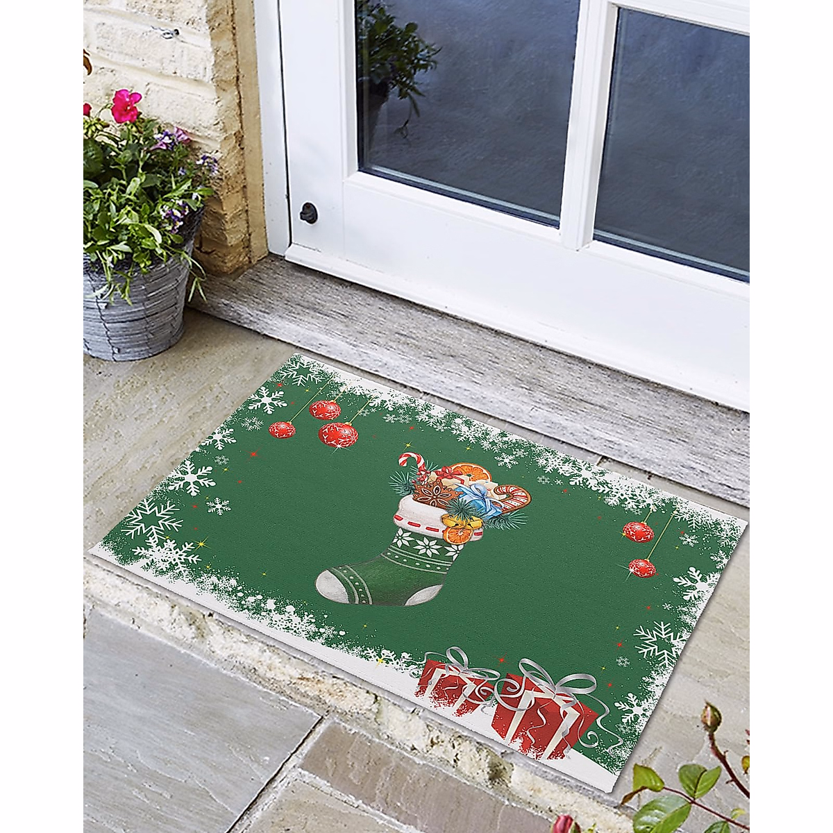 Indoor Door Mat Washable Mat 16x24 Inch - Outdoor Non-Slip Mat Absorbent Resist Dirt Doormats Socks Pattern Green Floor Mat for Entryway Patio Bathroom