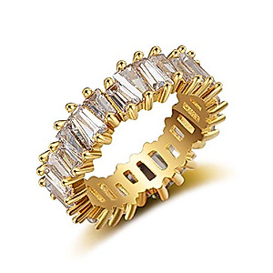 COLORFUL BLING Eternity Emerald Cut Diamond Ring Silver Color AAAAA CZ Engagement Wedding Band Rings Statement Party Jewelry for Women Men - Gold Size8