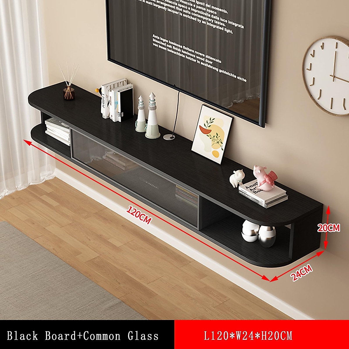 NENAGGE TV Stand, Media Storage Cabinet, Floating, Wall Unit, Entertainment Center, Mid Century Modern TV Console, Under TV, with Open Shelves, for Living Room, Bedroom,Black,L