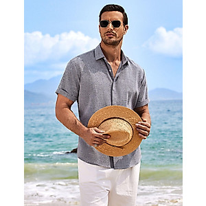 COOFANDY Men's Casual Shirts Button Down Linen Shirt Short Sleeve Cotton Linen Shirts for Men Summer Beach Yoga T Shirts Dark Blue Grey