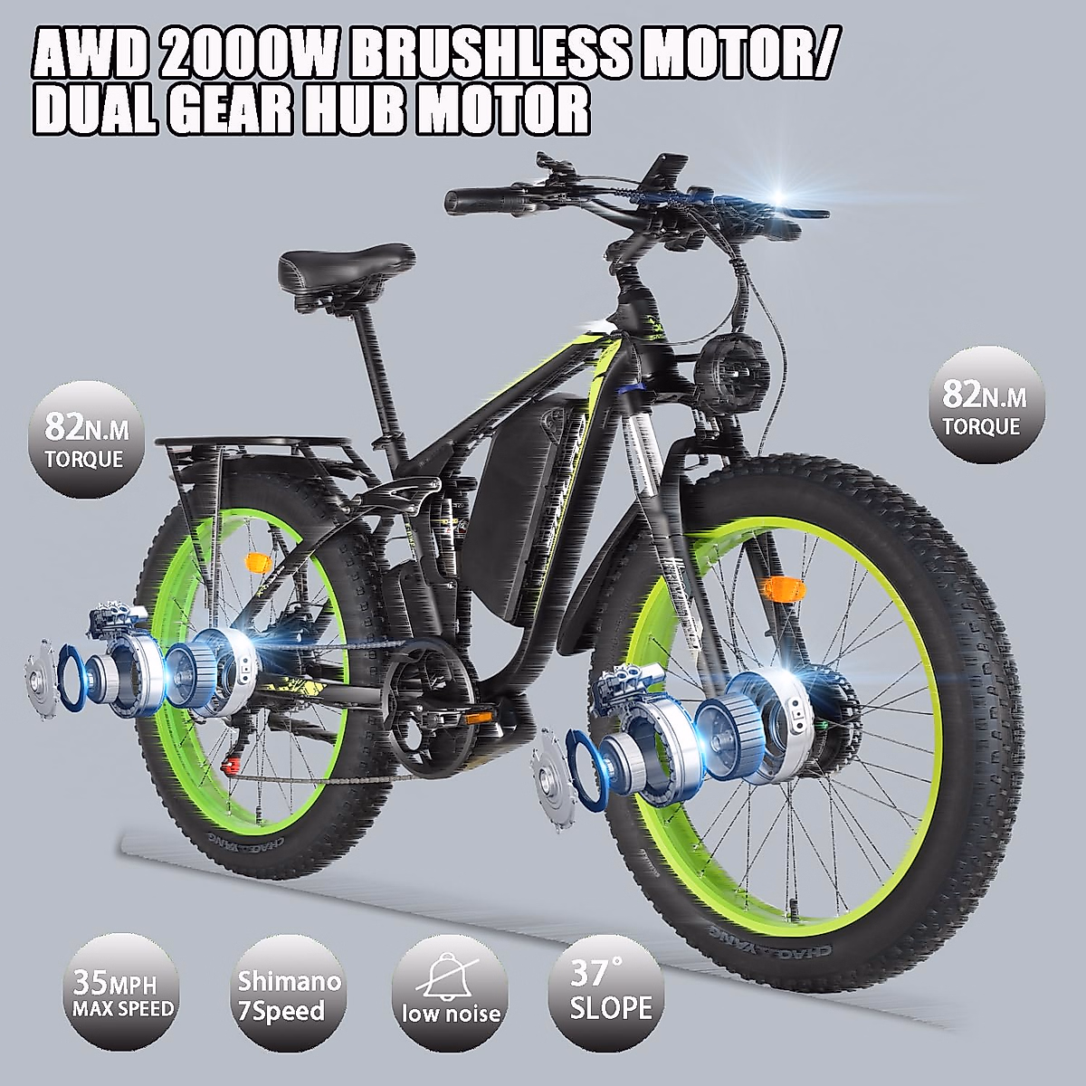 Lanshanchu (US in Stock V3 Plus Electric Bicycle 2000W Dual Motor Ebike 48V 22.4Ah Mountain Snow E Bike 35MPH Electric Bicycle 26" Fat Tire 7 Speed MTB for Trail Riding Excursion Commute