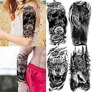 FANRUI 22 Sheets Realistic Black Animals Temporary Tattoos For Women Men Half Arm Sleeve, 3D Large Tribal Tiger Lion Death Skull Fake Tattoo Stickers Halloween, Flower Compass Wolf Owl Tatoos Anchor