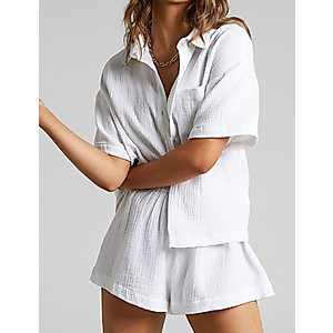 Kissonic Women's 2 Piece Outfits Track Suits Matching Sets Loungewear for Vacation Button Down Shirt and Shorts Set(White-M)