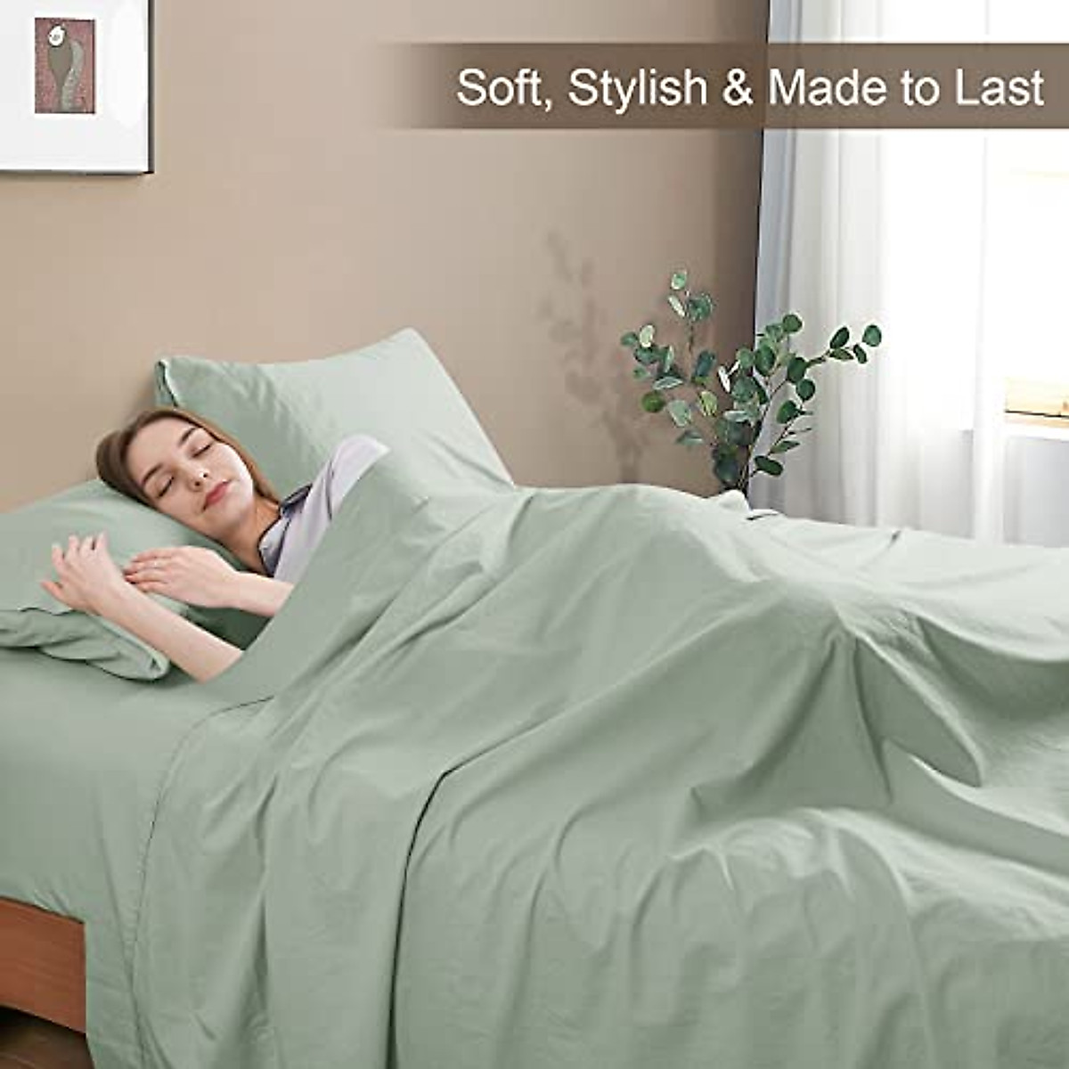 PHF 100% Garment Washed Cotton Sheets Set Twin Size, Ultra Soft Cotton Bedding Sheets Set, 3 PCS Breathable Moisture-Wicking DurableSheet Set,Deep Pocket Cotton Bed Sheet Up to 16", Sage Green